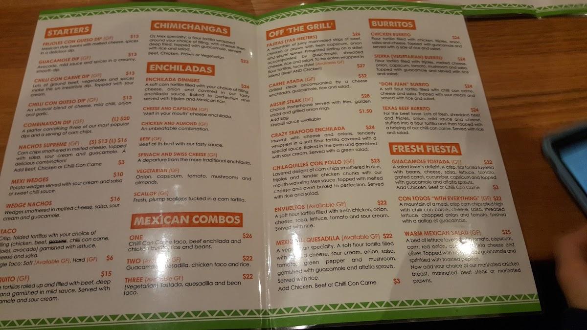 Menu at Oz Mex restaurant, Bairnsdale