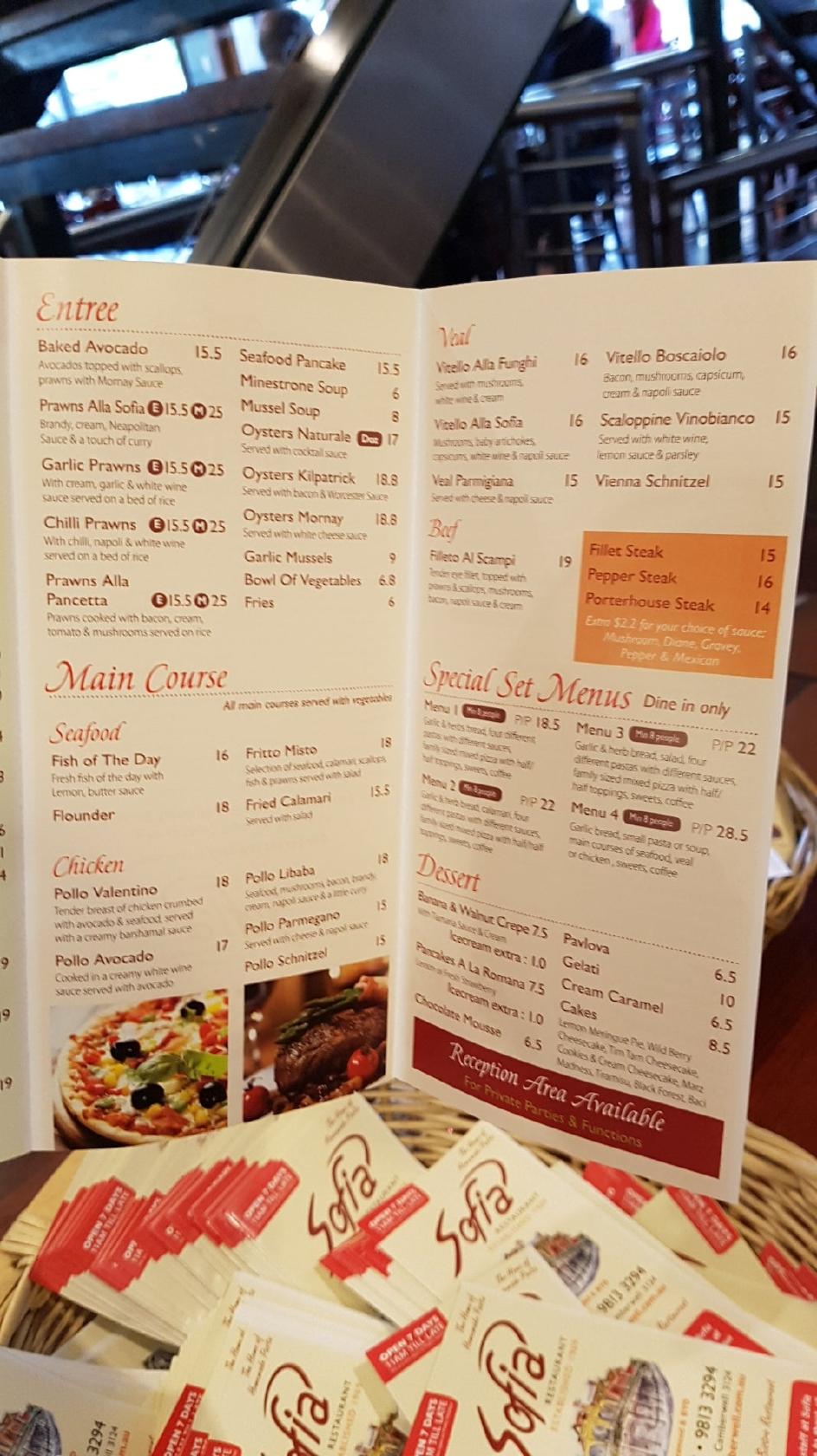 Menu at Sofia Camberwell fast food, Camberwell