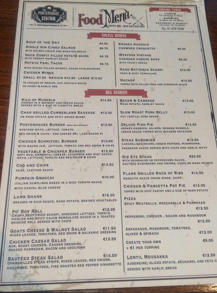Menu at The Porterhouse Central pub & bar, Dublin