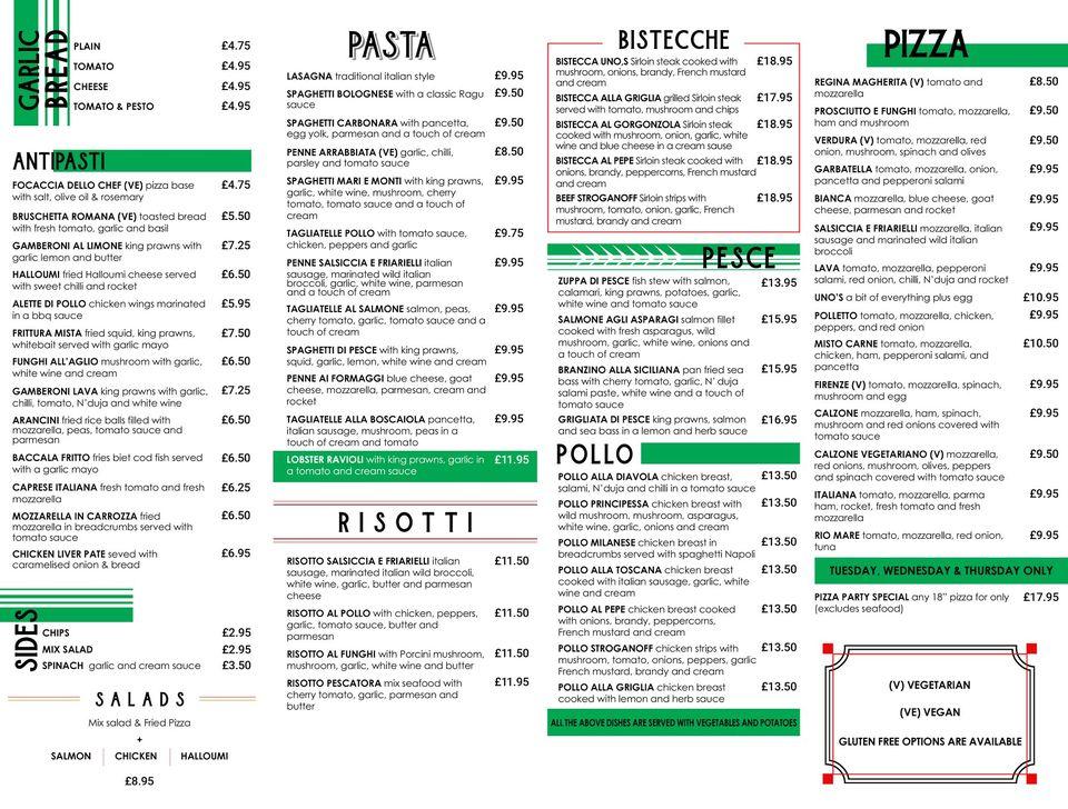 Menu at Uno's Trattoria Pizzeria, Hull