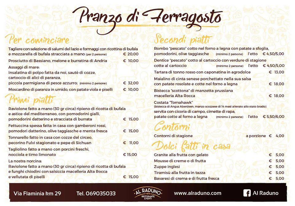 Menu da Ristorante Al Raduno, Morlupo, Via Flaminia