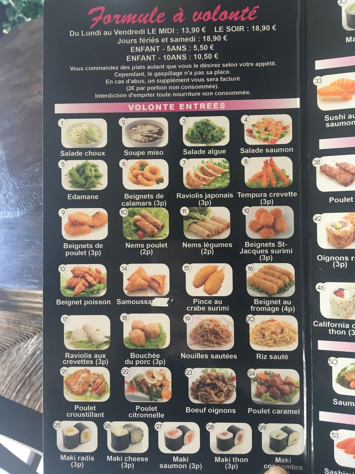 Menu au Asia Sushi restaurant, Solesmes