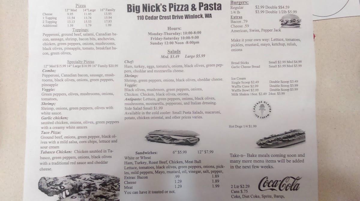 Menu at Big Nick's Pizza & Pasta pizzeria, Raymond