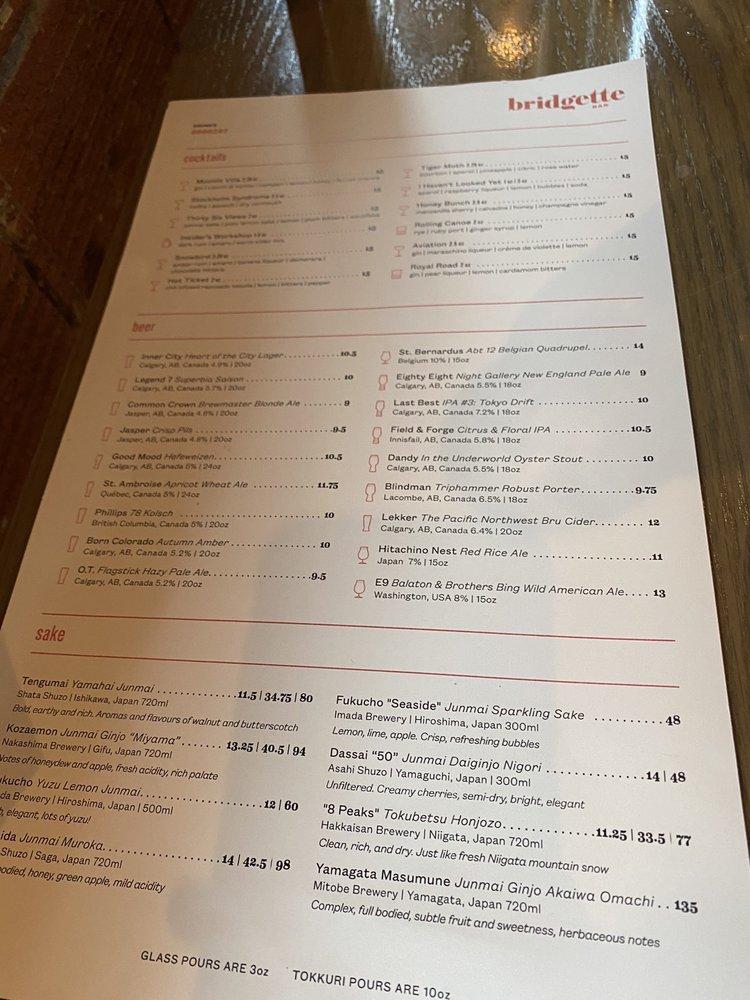 Menu at Bridgette Bar, Calgary