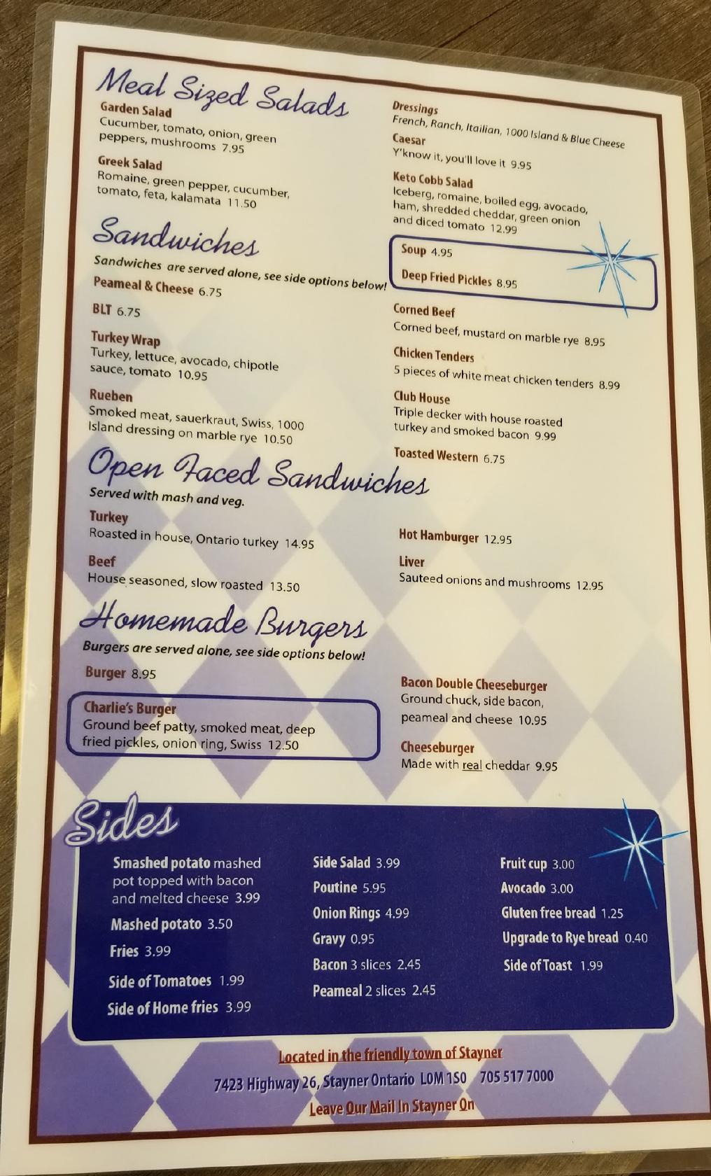 Menu at Charlie's Diner restaurant, Stayner
