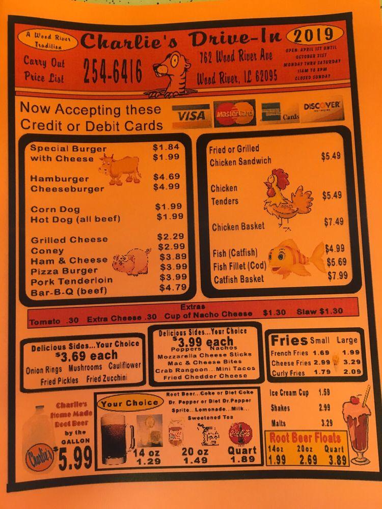 Menu at Charlie's Drive-In fast food, Wood River