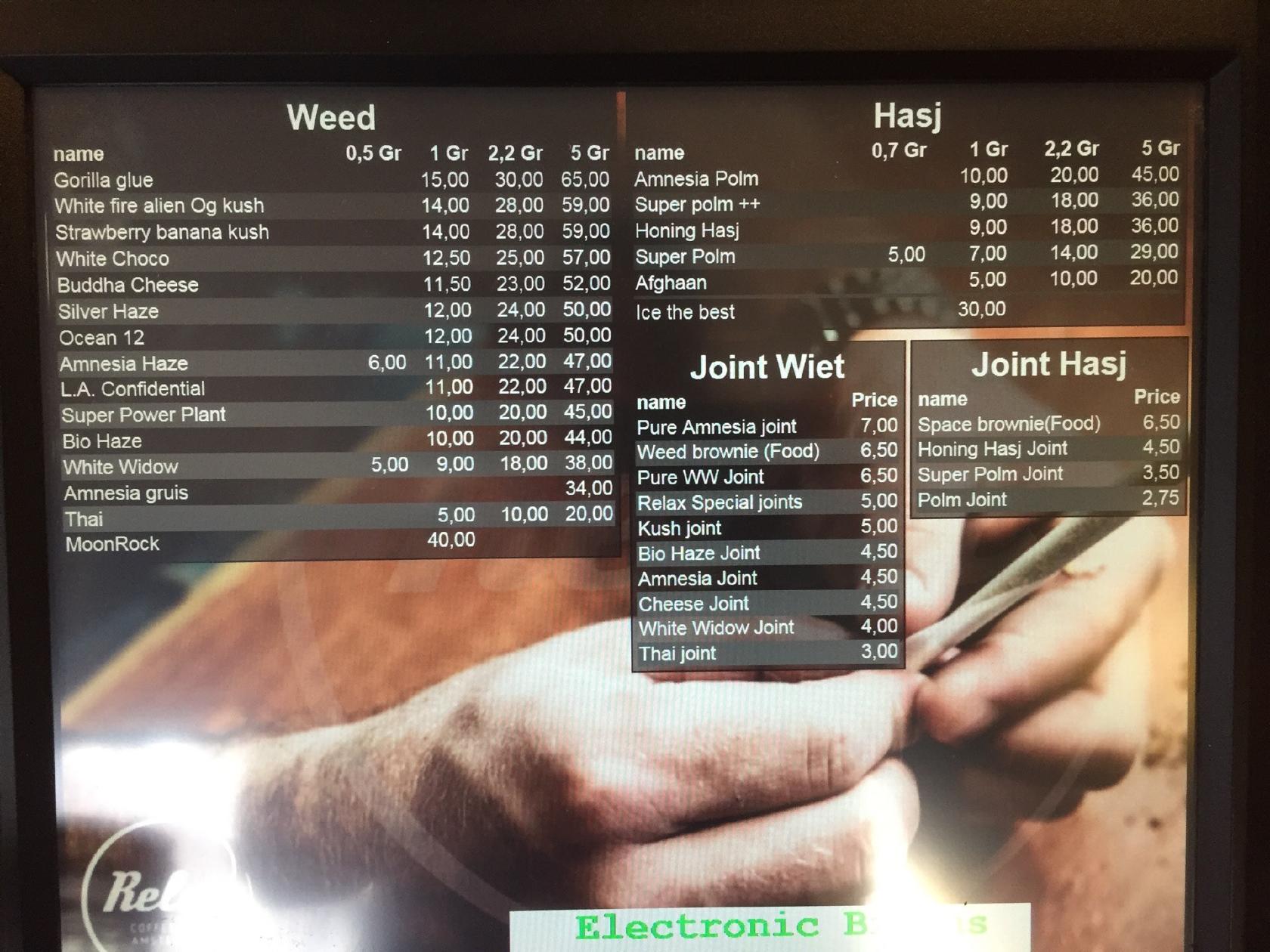 Menu at Coffeeshop Relax, Amsterdam