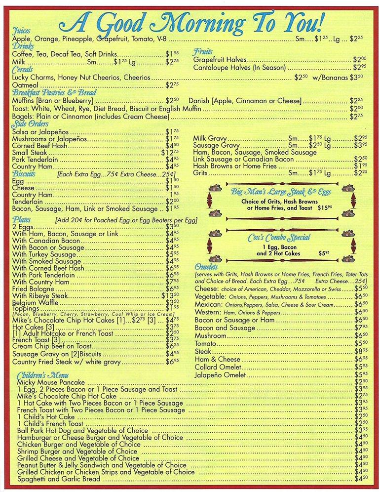 Menu at Cox Family Restaurant, Morehead City