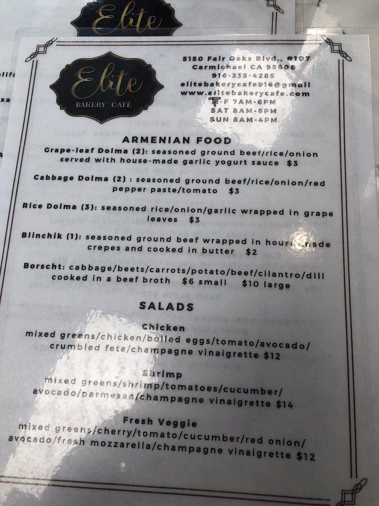 Menu at Elite Bakery Cafe, Carmichael