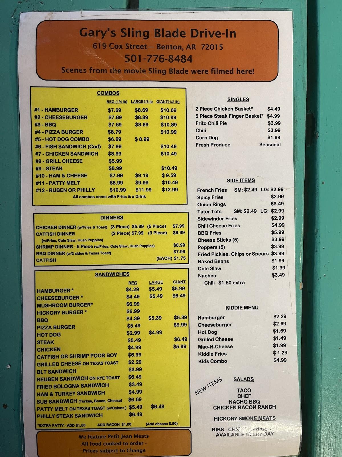 Menu at Garry's Slingblade Drive In BBQ, Benton