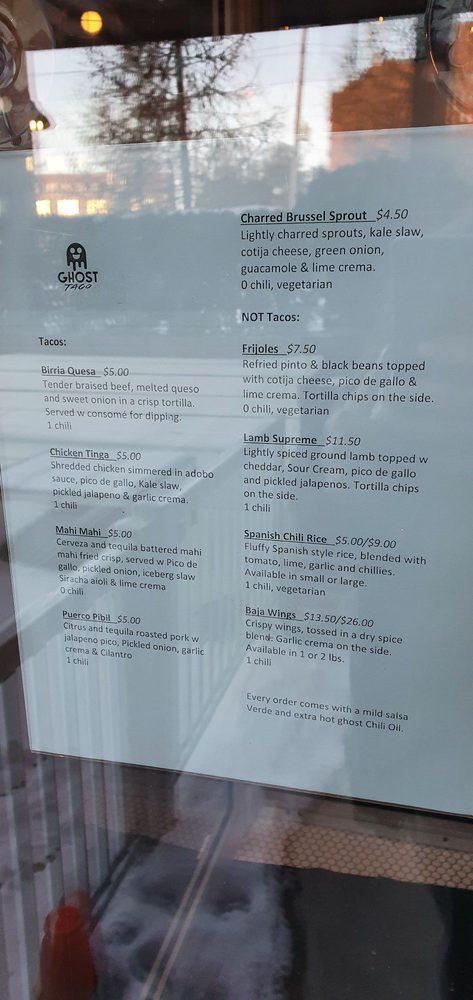 Menu at Ghost Taco restaurant, Newmarket