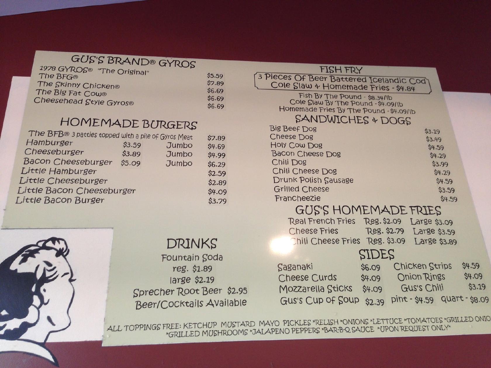 Menu at Gus's Gyros restaurant, Racine