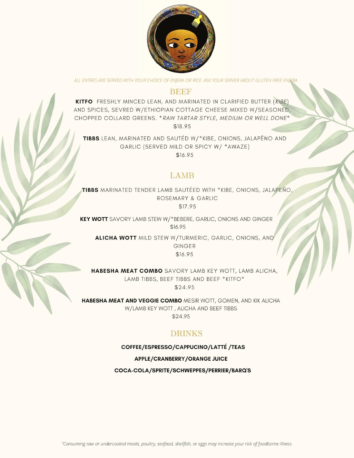 Menu at HABESHA RESTAURANT & BAR, Las Vegas