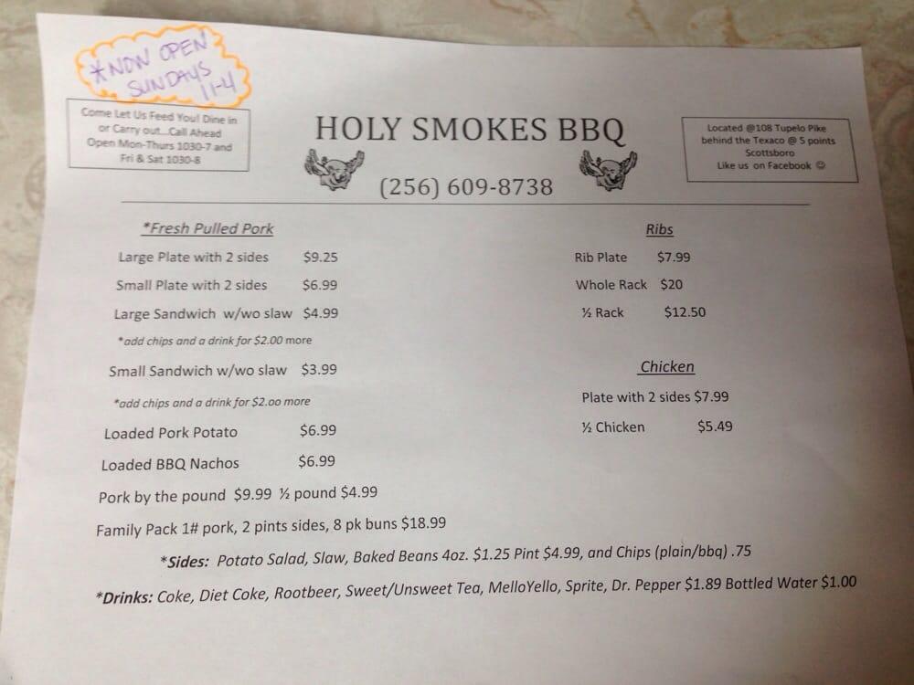 Menu at Holy Smokes Barbeque, Scottsboro