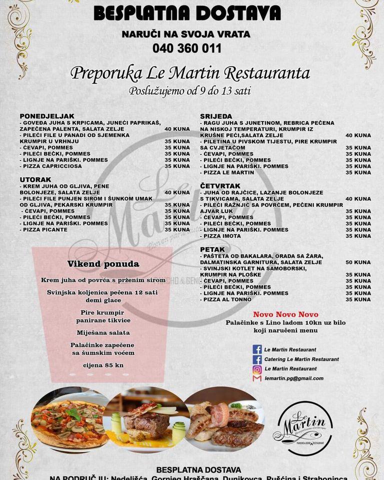 Menu at Le Martin restaurant, Nedelišće, Čakovečka ul. 1