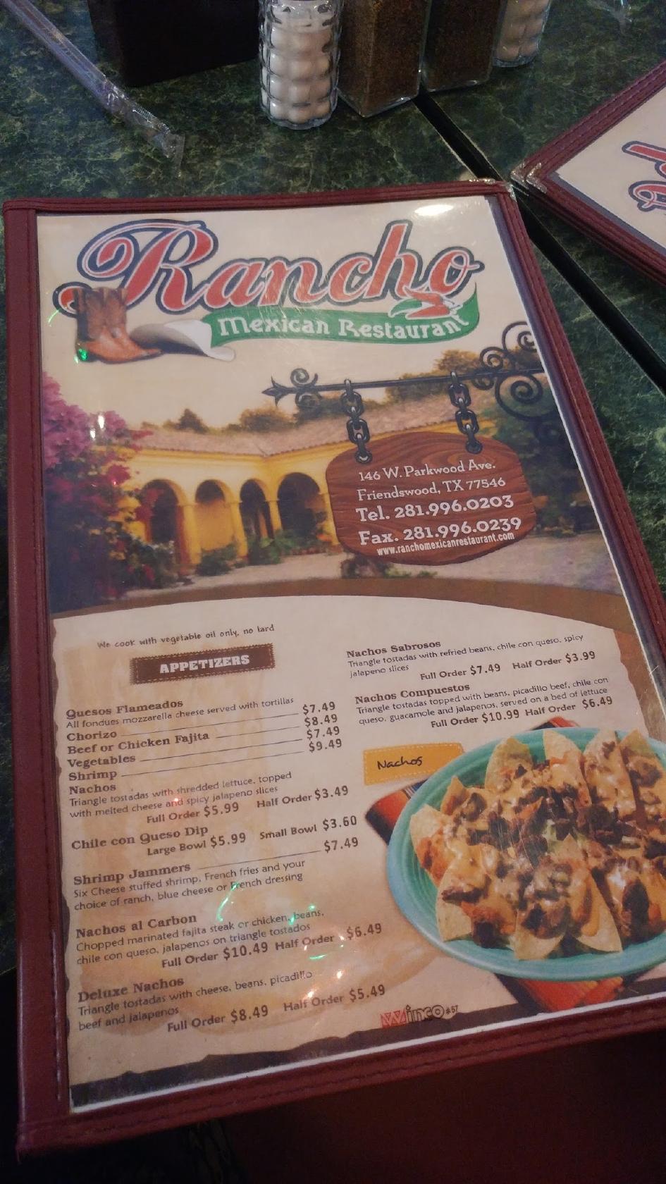 Carta de Rancho Mexican Restaurant, Friendswood, W Parkwood Ave