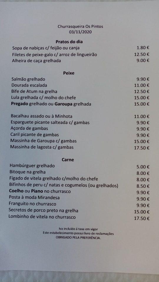 Menu at Os Pintos restaurant, Alverca do Ribatejo