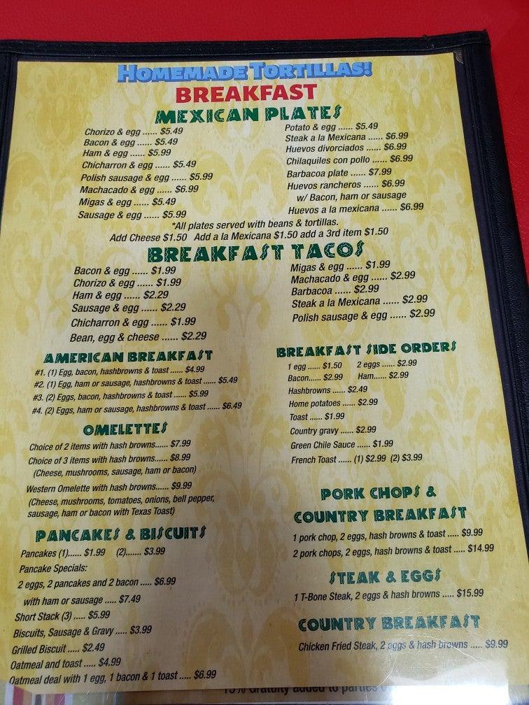 Menu at Rosita's Restaurant, Pharr