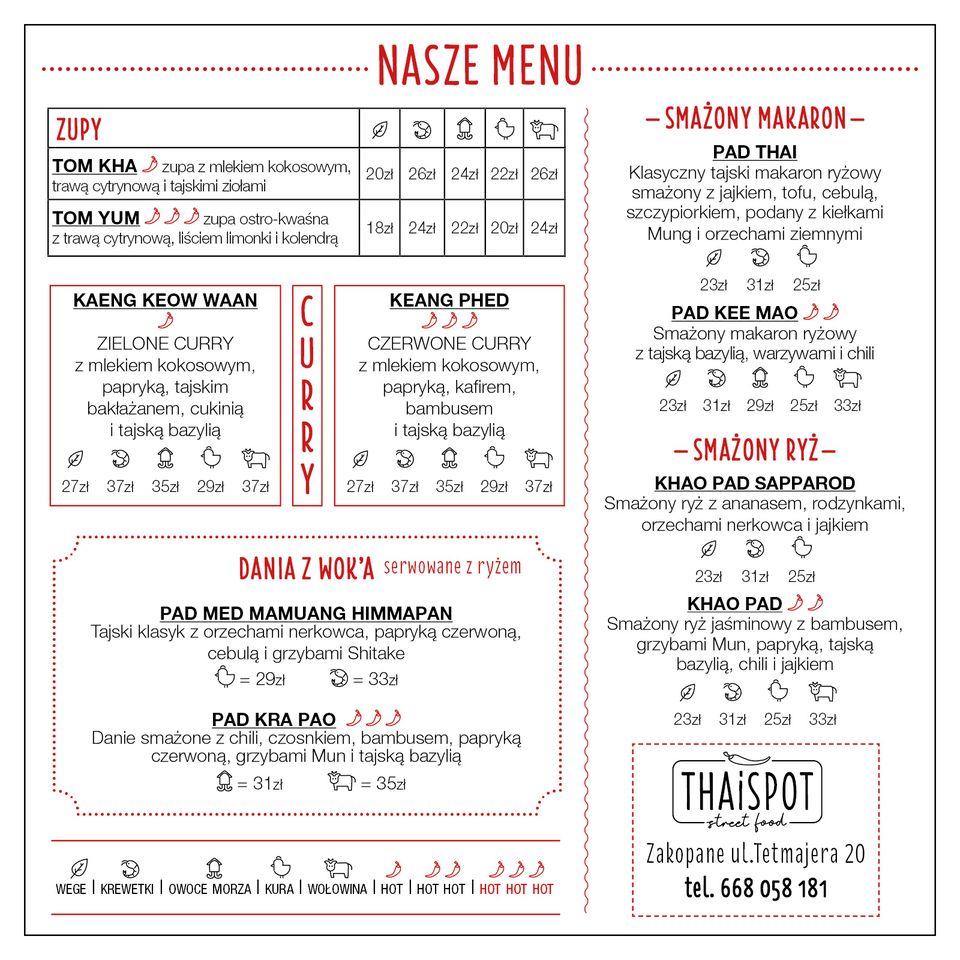 Menu at Thai Spot restaurant, Zakopane