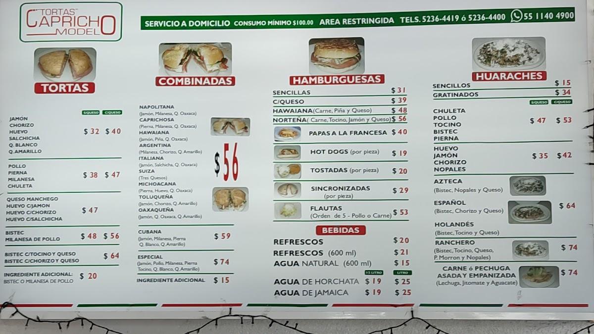Carta del restaurante Tortas Capricho Modelo, Naucalpan del Juárez