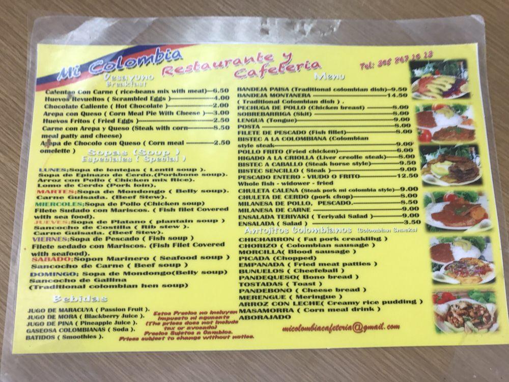 Menu at Mi Colombia cafeteria Miami Beach, Miami Beach
