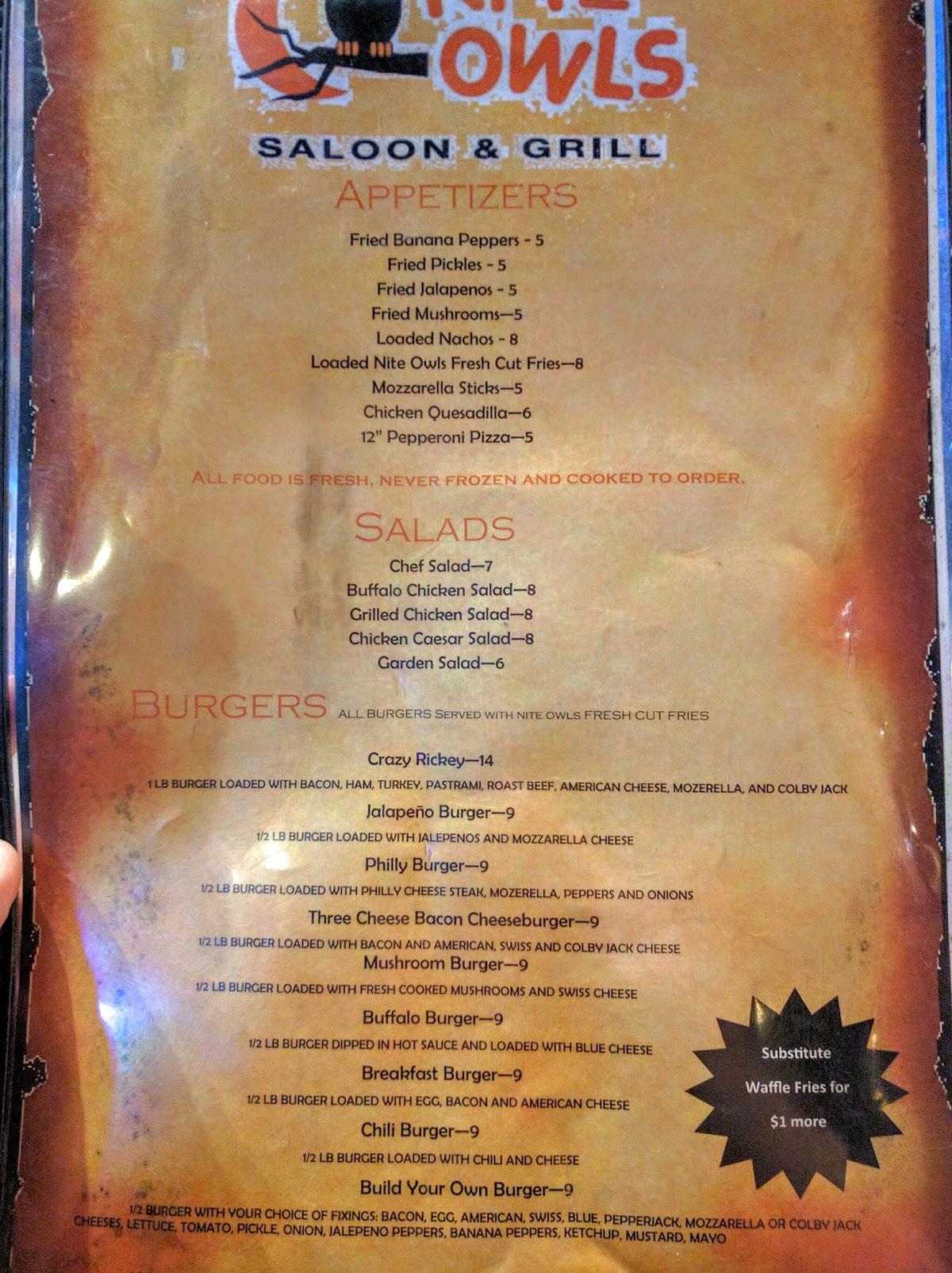 Menu at Nite Owls Saloon and Grill pub & bar, Beech Grove