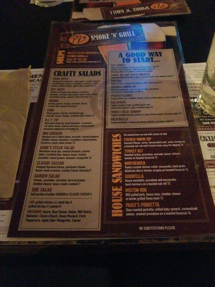 Menu at PJ's Smoke 'N' Grill pub & bar, Medway, 112 Main St