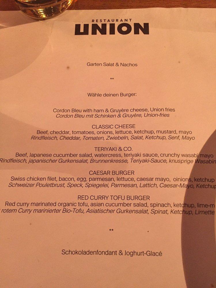 Menu at Restaurant Union, Basel, Klybeckstrasse 95