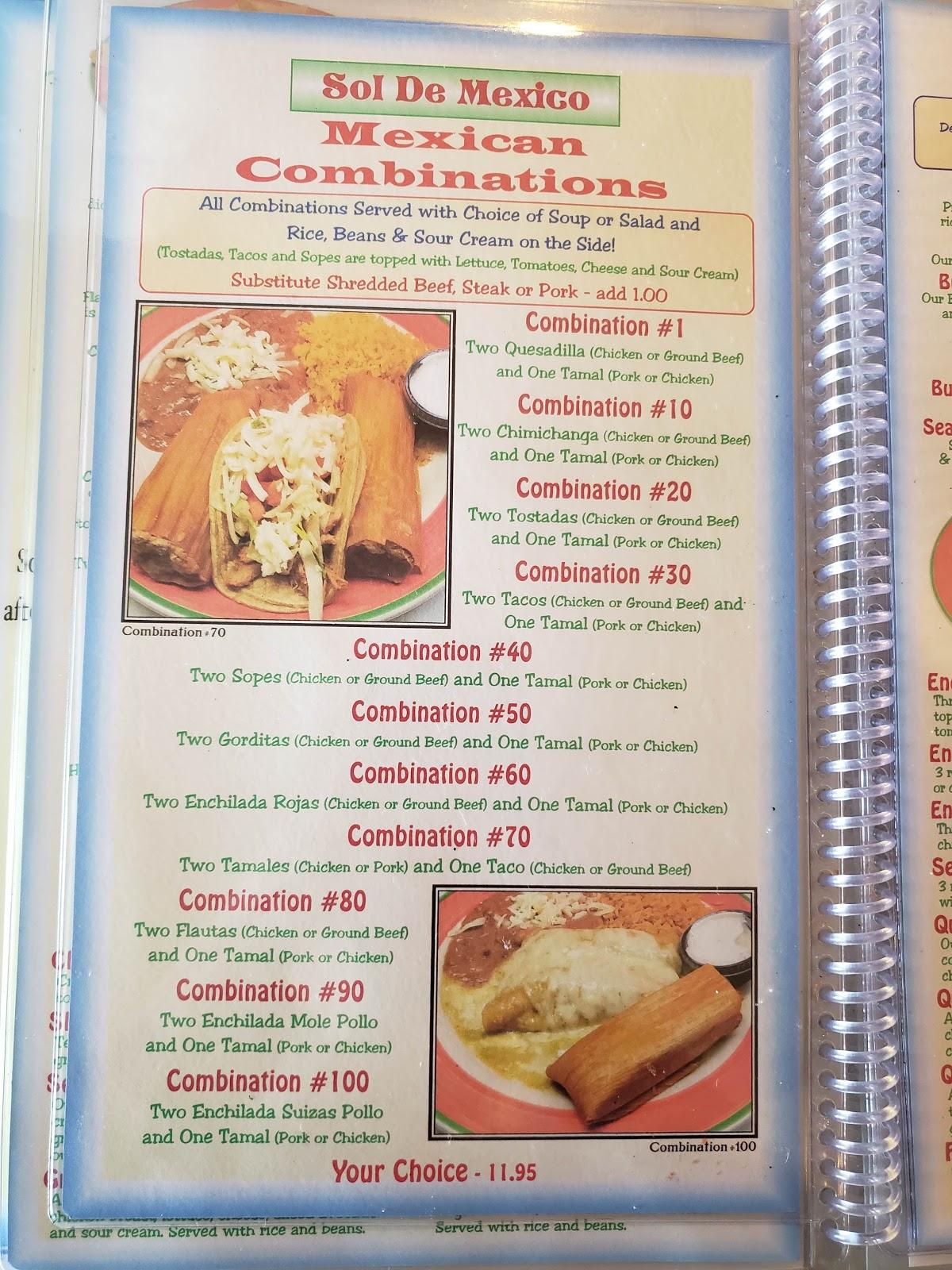 Menu at Sol De Mexico restaurant, Wind Lake
