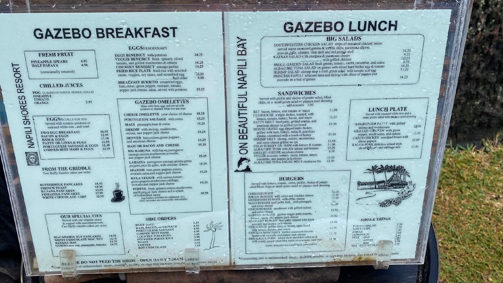 Menu at The Gazebo cafe, Napili-Honokowai