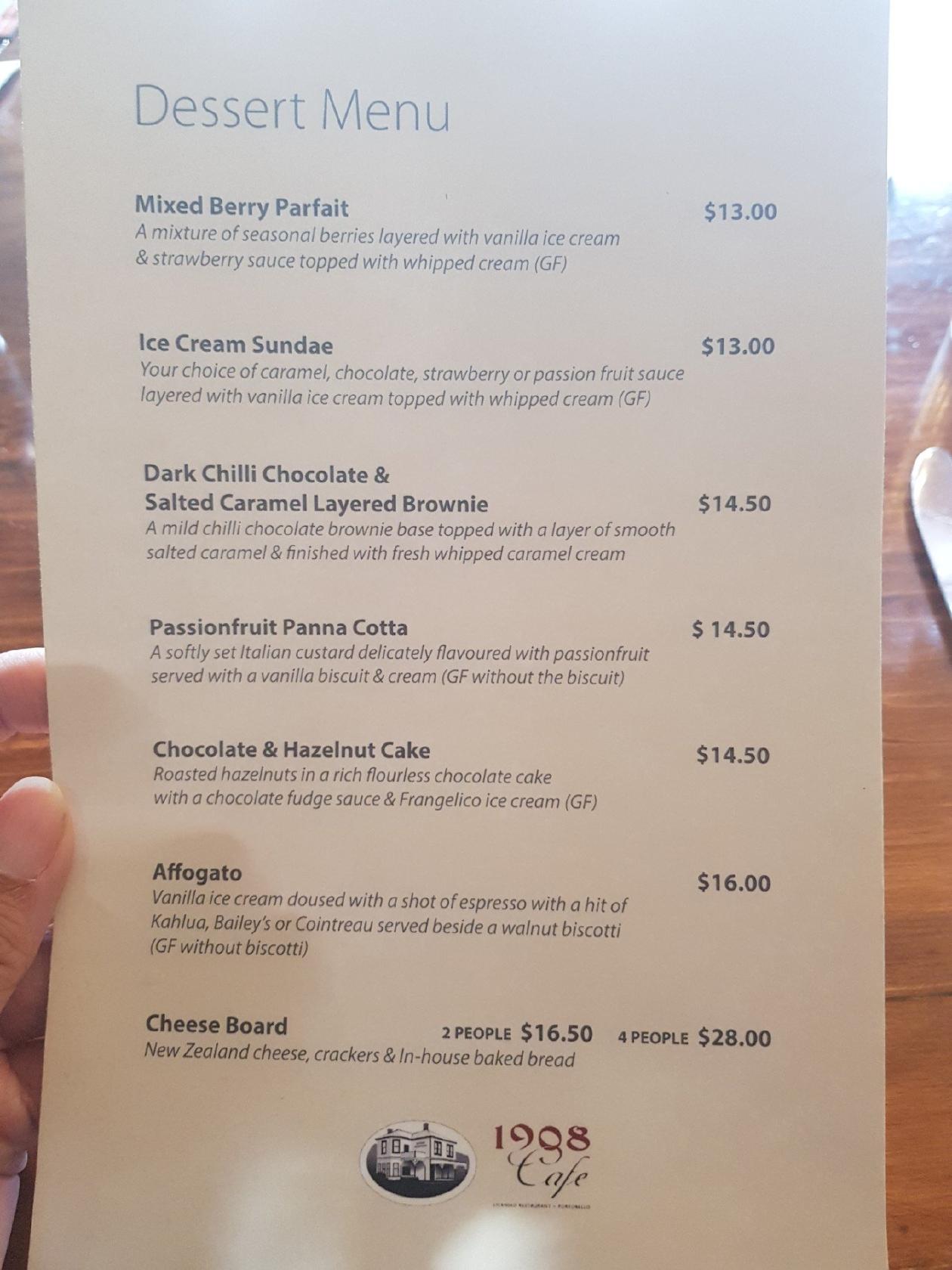 Menu at 1908 Restaurant, Dunedin