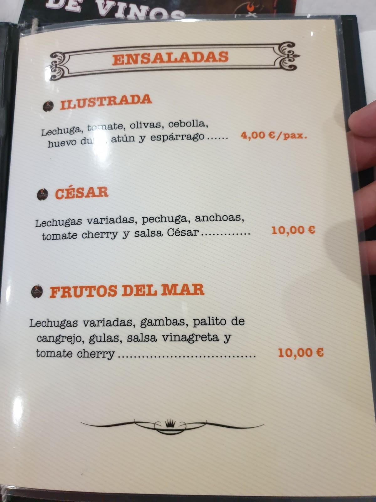 Carta del pub y bar asador fajardo, Zaragoza