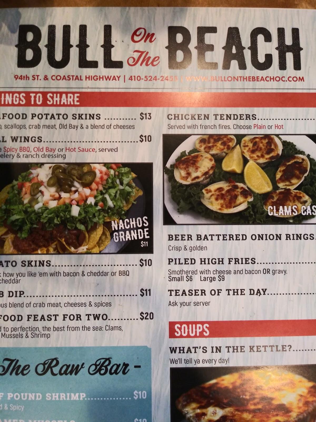 Menu at Bull on the Beach pub & bar, Ocean City, 17 94th St