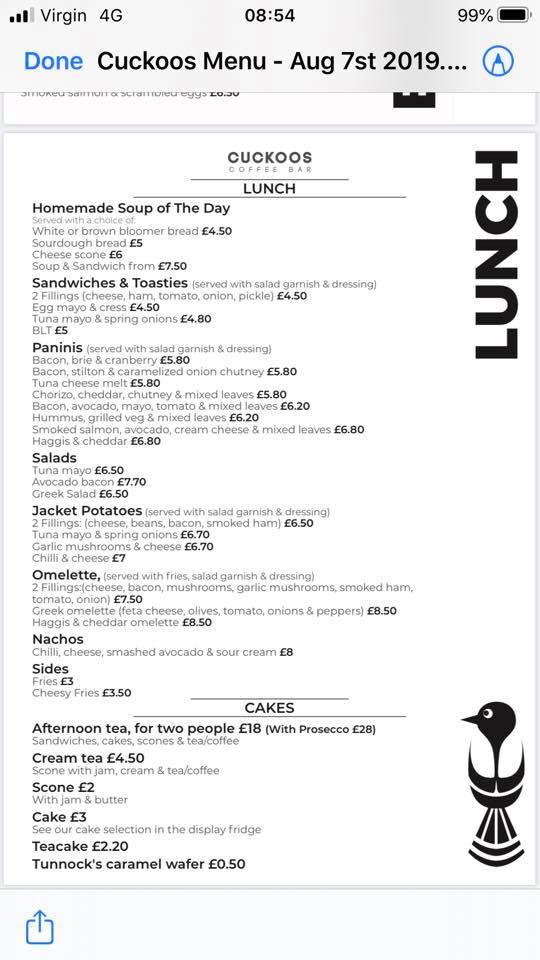 Menu at Cuckoos Coffee Bar, Christchurch