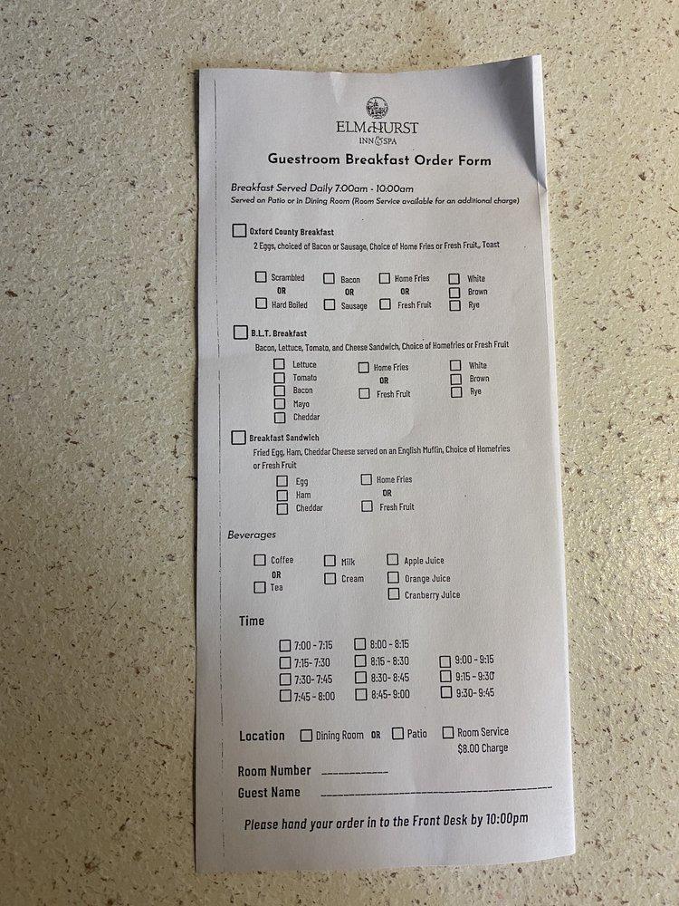 Menu at Elm Hurst Inn & Spa restaurant, Ingersoll