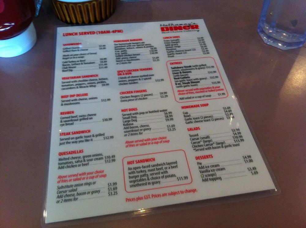 Menu at Hathaway's Diner cafe, Edmonton