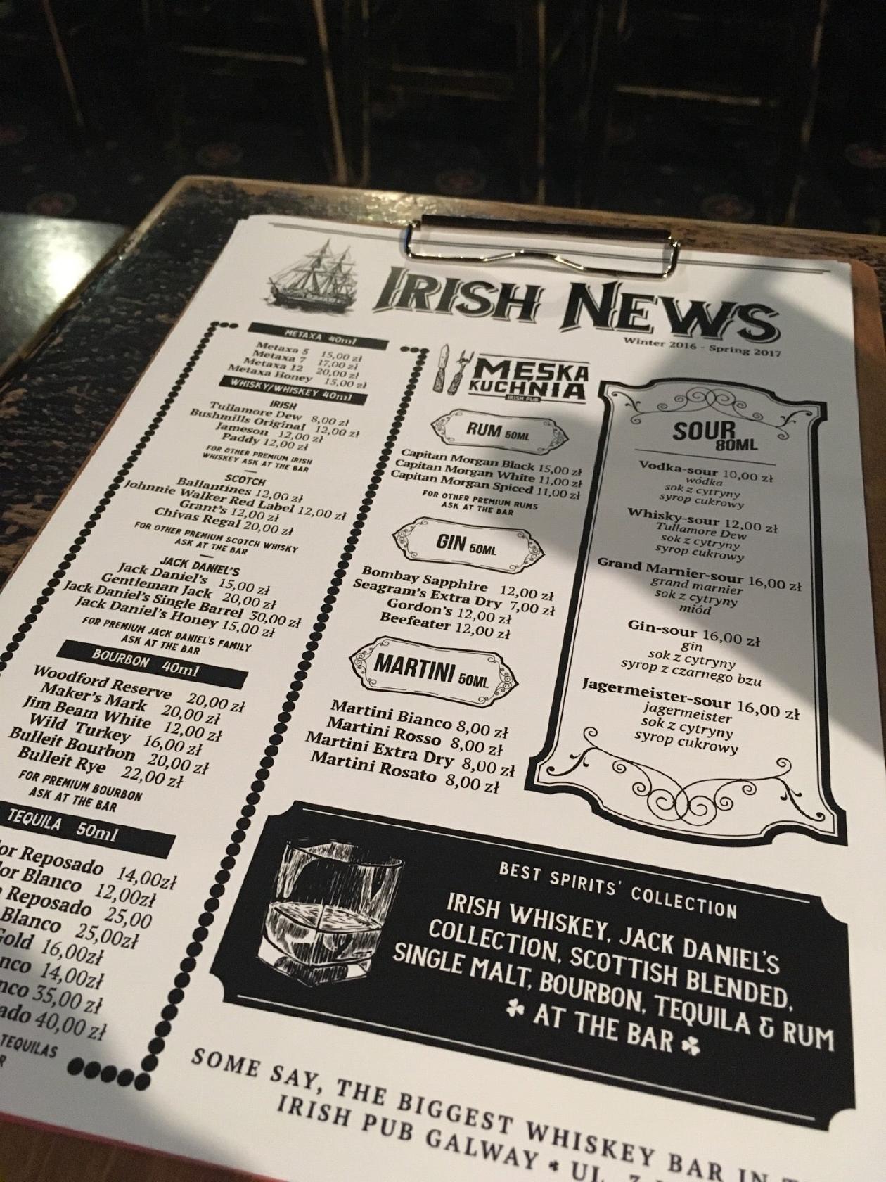 Menu at Irish Pub Galway, Rzeszow