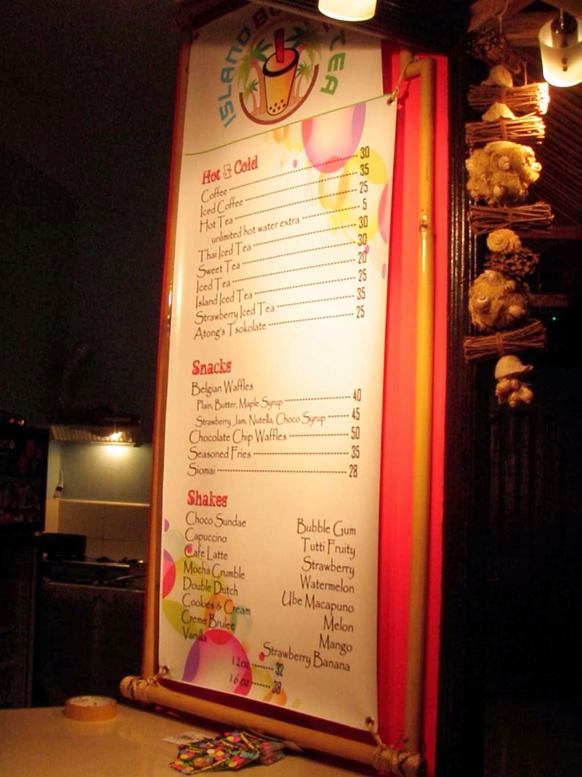 Menu at Island Bubble Tea restaurant, Zamboanga