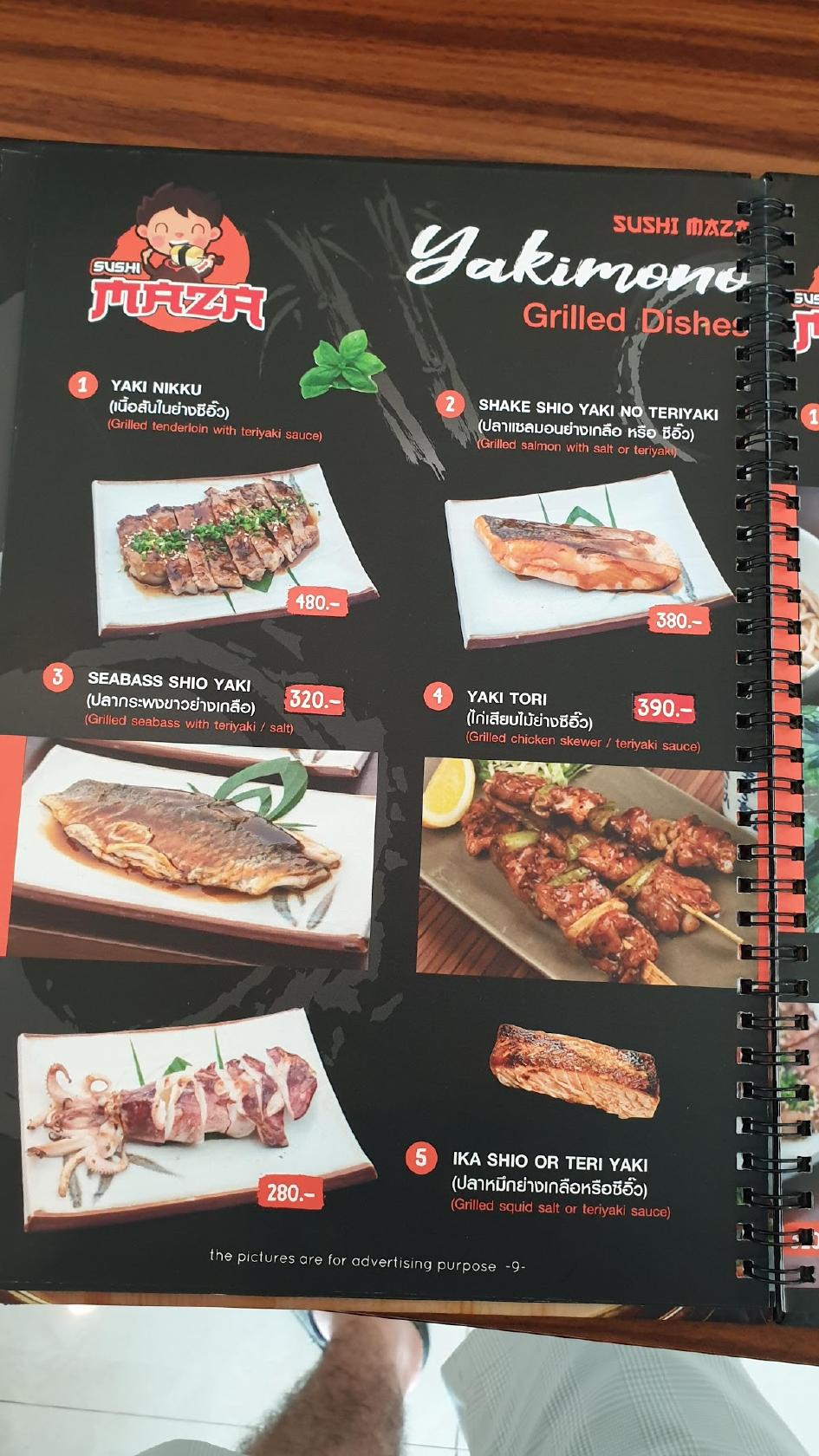 Menu at Maza Sushi restaurant, Mai Khao