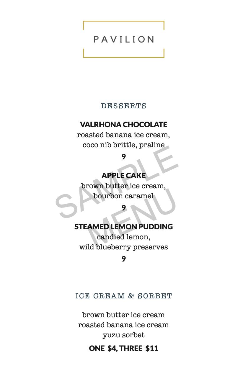 Menu at Pavilion restaurant, Wolfeboro