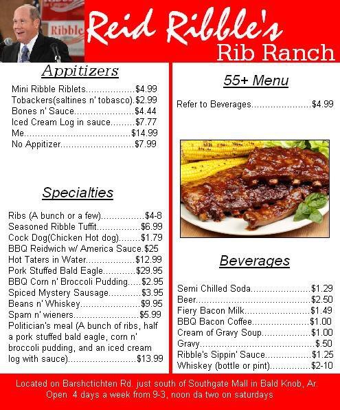 Menu at Reed Ribble's Rib Ranch restaurant, Rib Lake