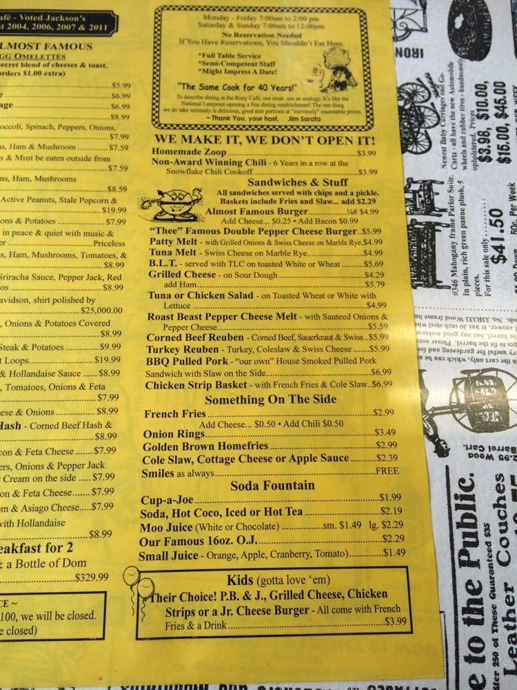 Menu at Roxy Cafe, Jackson
