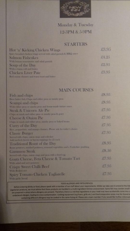 Menu at New Inn pub & bar, Chapel-en-le-Frith, 1 Manchester Rd