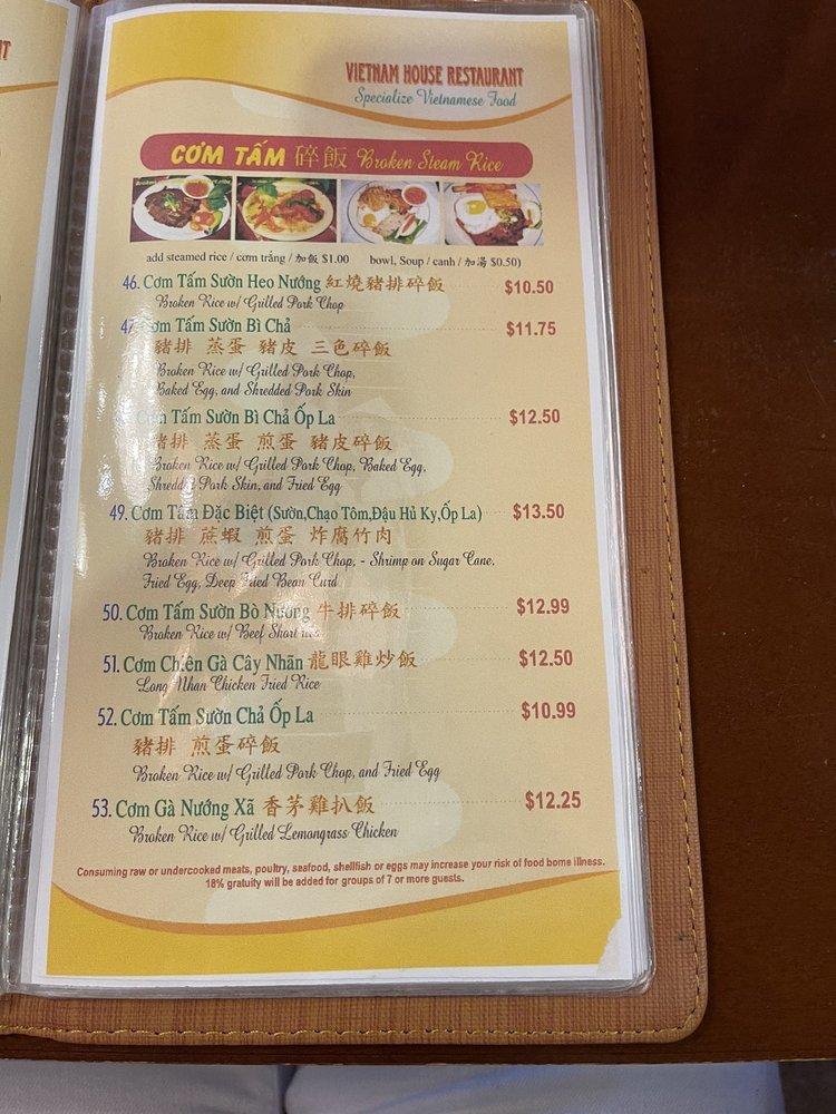 Menu at Vietnam House restaurant, Tukwila