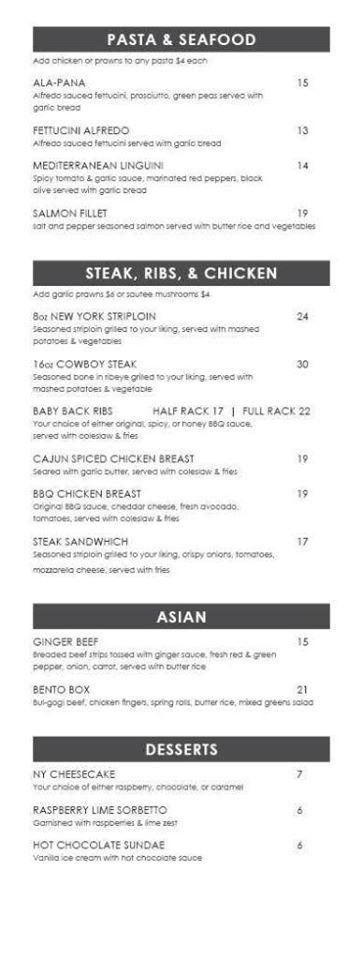 Menu at Aria steakhouse, Vermilion