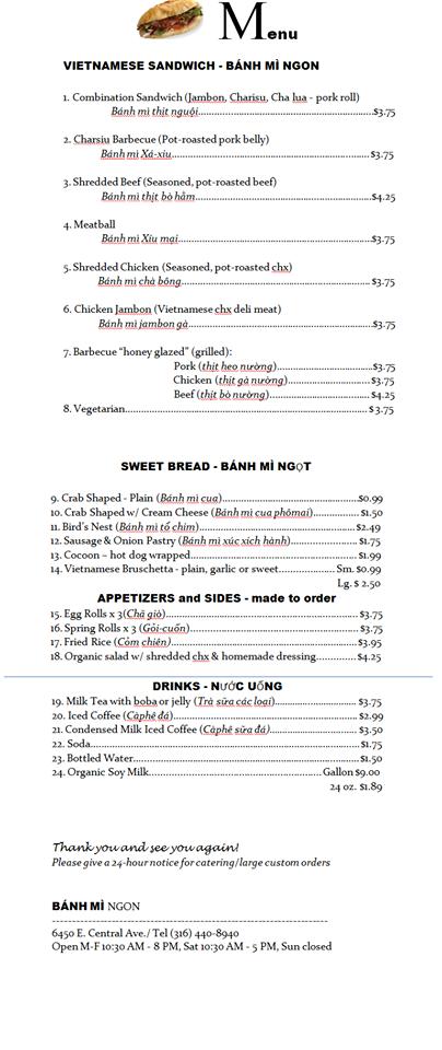 Menu at Banh Mi Ngon restaurant, Wichita, E Central Ave