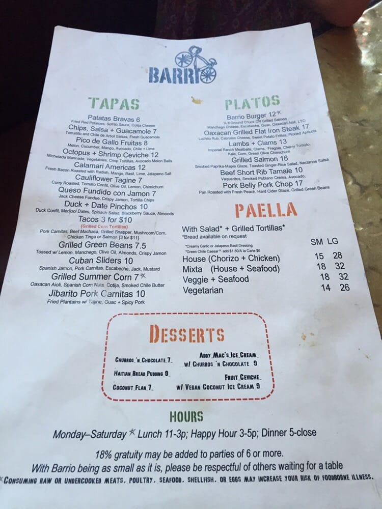Menu at Barrio, Bend, 163 NW Minnesota Ave
