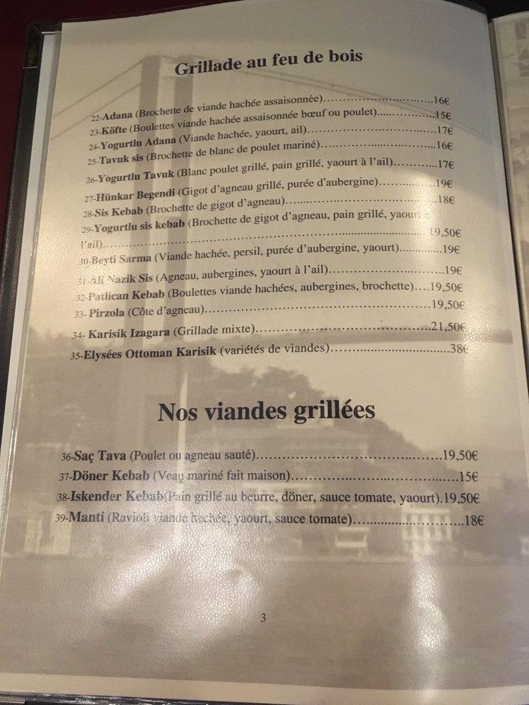 Menu at Élysées Ottoman PERA restaurant, Paris