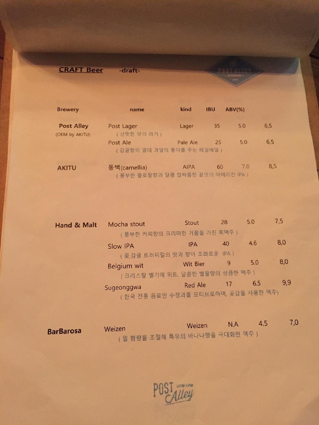 Carta del pub y bar Post Alley gastrotavern, Seul