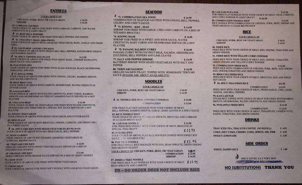 Menu at Royal Siam Cuisine Thai Restaurant, Joshua Tree